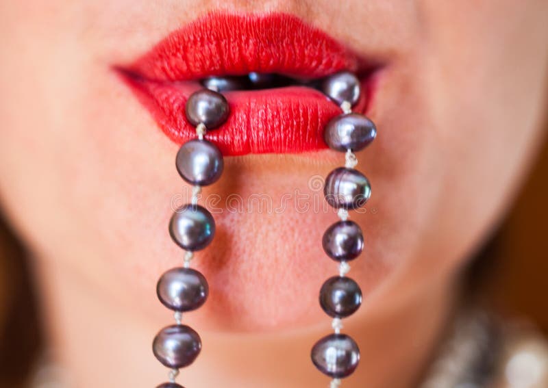 Red Lips with the String of Beads Stock Photo - Image of beauty ...