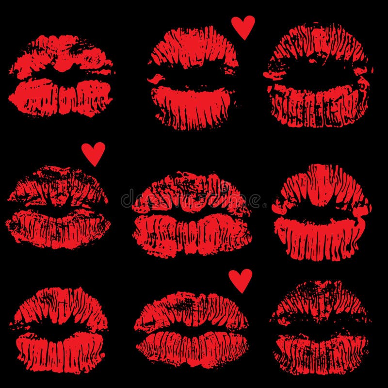 Red Lips Track Print Set. Stamp of Mouth Collection. Vector ...