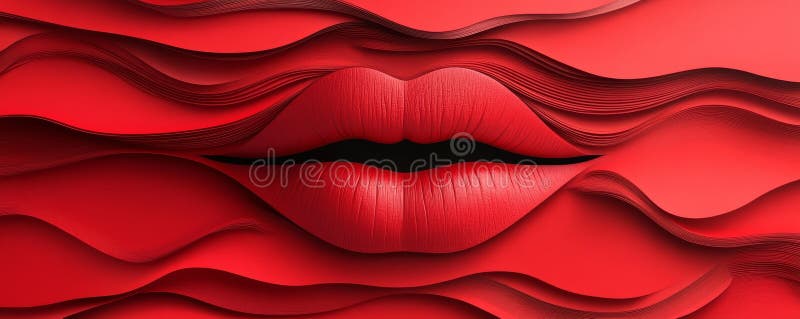 Red Lips in a Wavy Paper Landscape 3D Rendered Abstract Art Stock ...