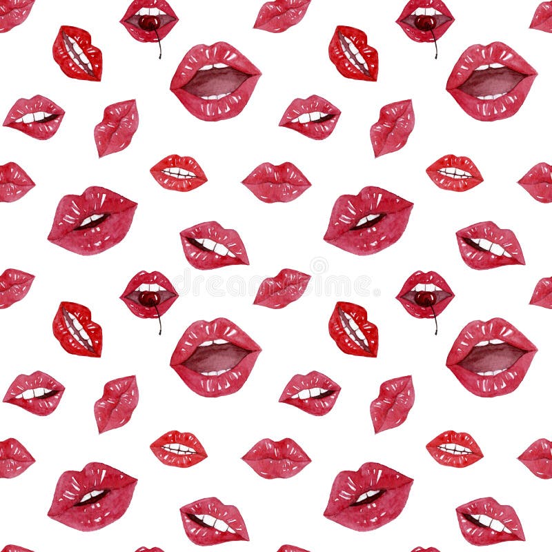 Red Lips Hand Drawn Watercolor Pattern Design Stock Illustration ...