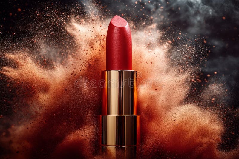 Red Lipstick Exploding with Colorful Powder on a Dark Background ...