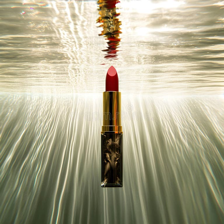 A Red Lipstick Floats Upright Underwater, Illuminated by Vertical Rays ...