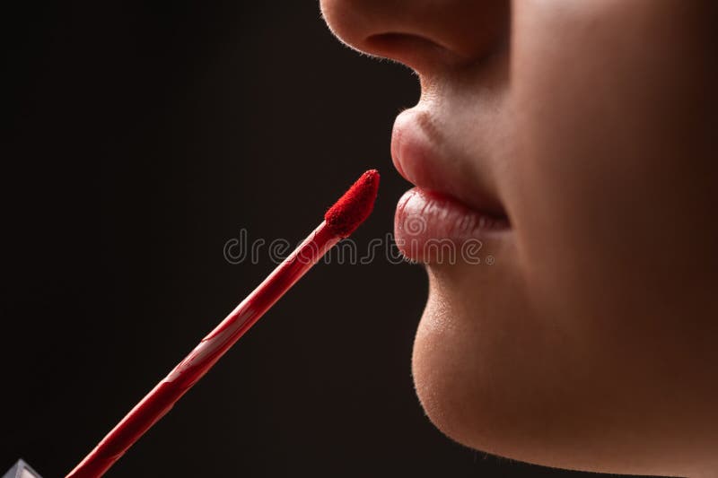 Red Lipstick Makeup Process Glossy Lips Applying Stock Photos - Free ...