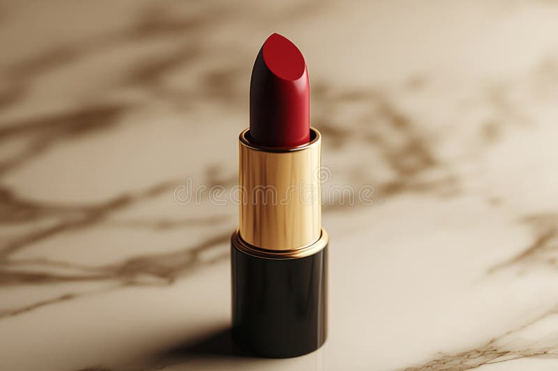 Red Lipstick Standing on Elegant Marble Surface with Gold Container ...