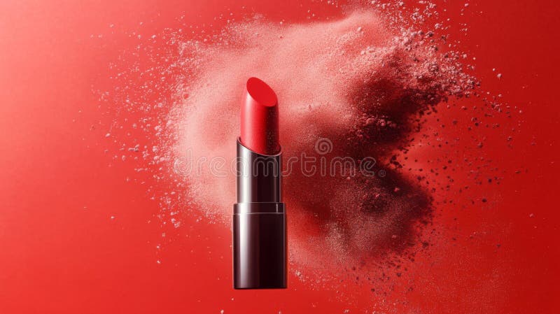 Red Lipstick Surrounded by Silver Glitter on a Red Background for ...