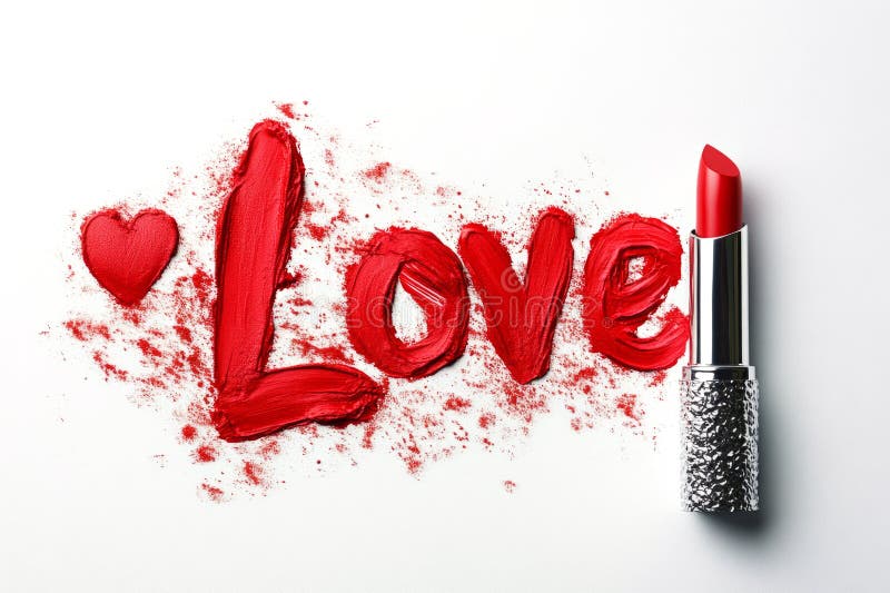 Red Lipstick Writing Love on a White Background with a Heart Symbol ...