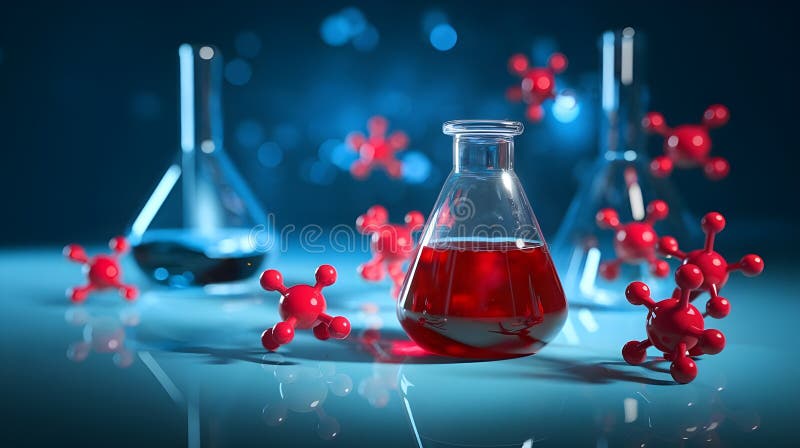 Red Liquid in Beaker with Molecular Models on Blue Background Stock ...
