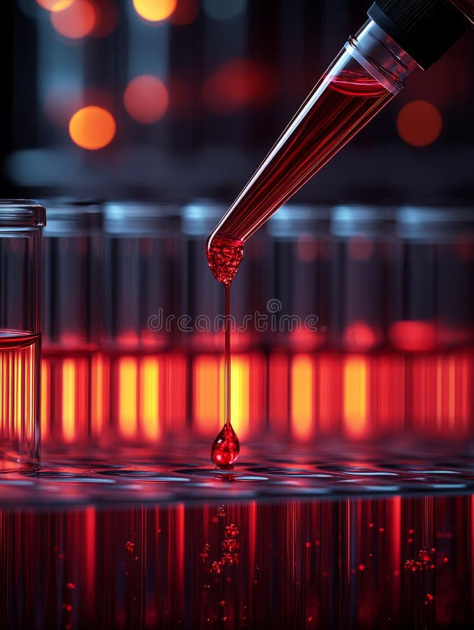 Red Liquid Drop from Pipette into a Row of Test Tubes in a Lab. Stock ...