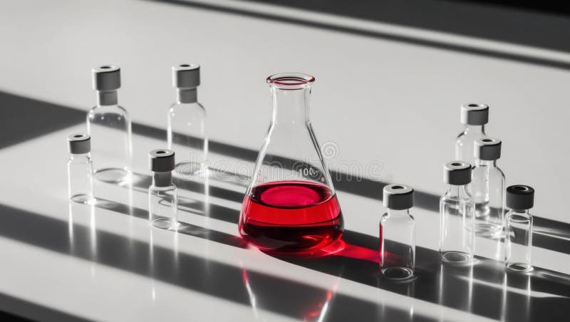 Red Liquid in a Flask with Vials in a Lab Experiment. Stock Photo ...