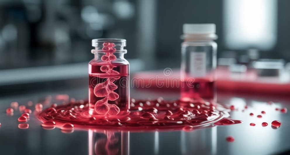 Red Liquid in Glass Vials on Reflective Surface Stock Illustration ...