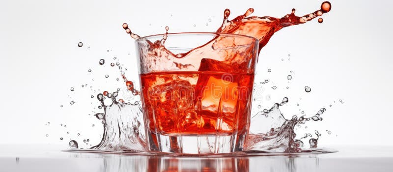 A Red Liquid with Ice Cubes Splashes on a Table, Creating a Refreshing ...