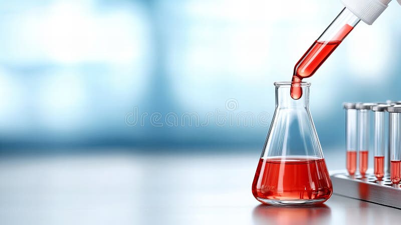 Red Liquid in Laboratory Flask with Pipette for Scientific ...