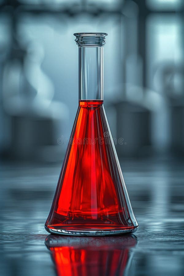 Red Liquid in Laboratory Flask on Reflective Surface. Generative Ai ...