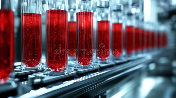 Red Liquid Samples in Glass Tubes on a Conveyor Belt Stock Illustration ...