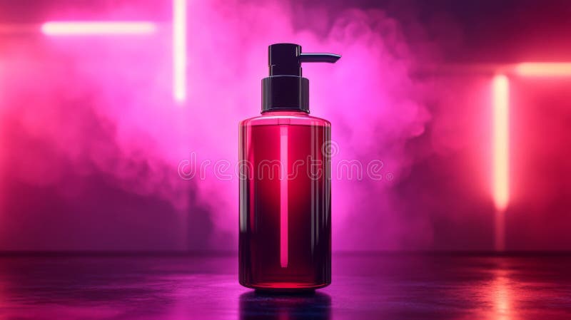 Red Liquid Soap in Pixelated Bottle with Neon Lights Against Dark ...