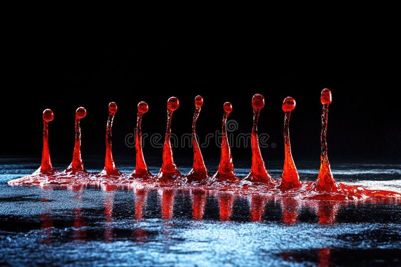 Red Liquid Splash Patterns on Reflective Surface in Dramatic Lighting ...