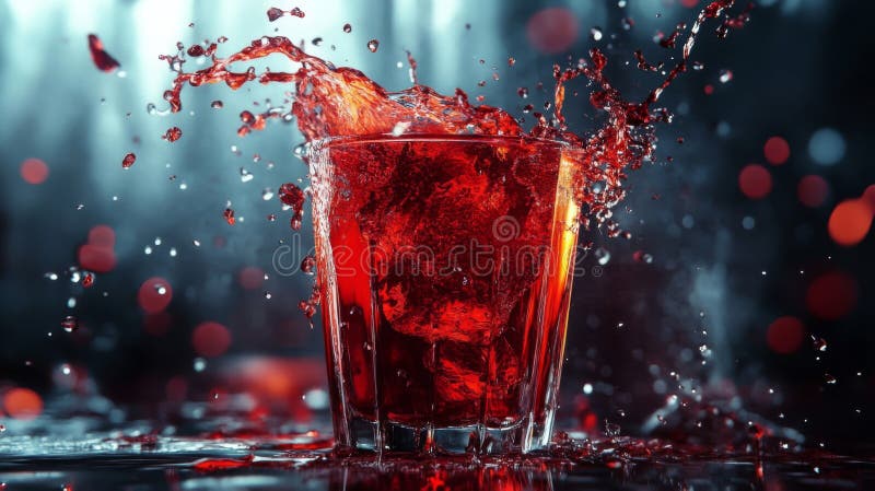 Red Liquid Splashing in a Glass with Ice Cubes Stock Illustration ...