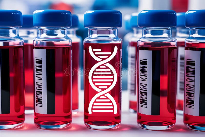 Red Liquid Vials with Blue Caps and Barcodes in Lab One Vial Features ...