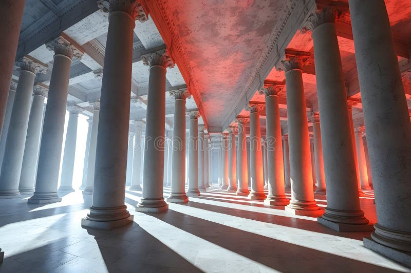 Red Lit Colonnade with Bright Backlit End View Stock Illustration ...