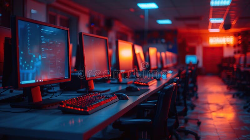 Red Lit Computer Lab stock illustration. Illustration of light - 334941576