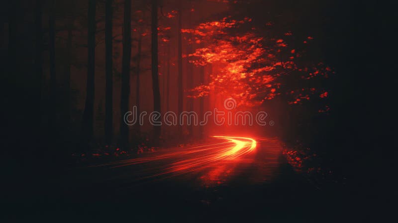 Red Lit Forest Path at Night Stock Illustration - Illustration of ...