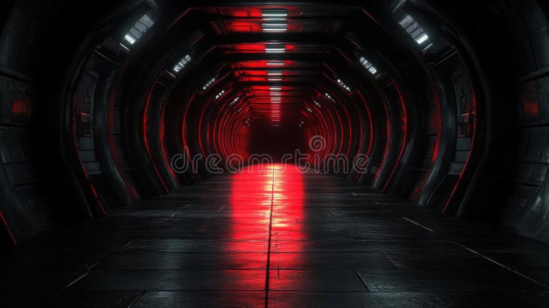Futuristic Corridor Illuminated by Red Neon Lights in a High-tech, Sci ...