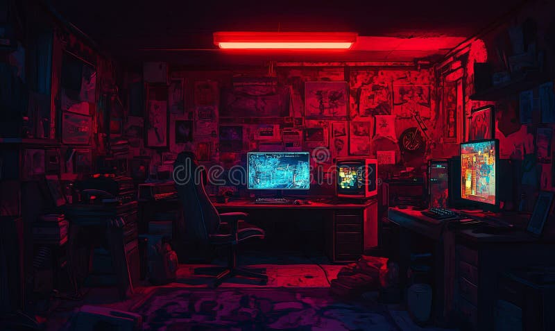 Red-lit Gaming Room with Multiple Computers, Posters, and Gaming Chair ...