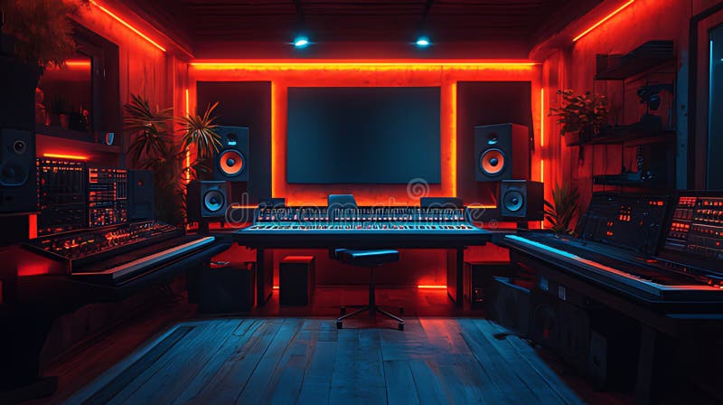 Red-lit Home Music Studio with Mixing Console, Plants, and Blank Screen ...