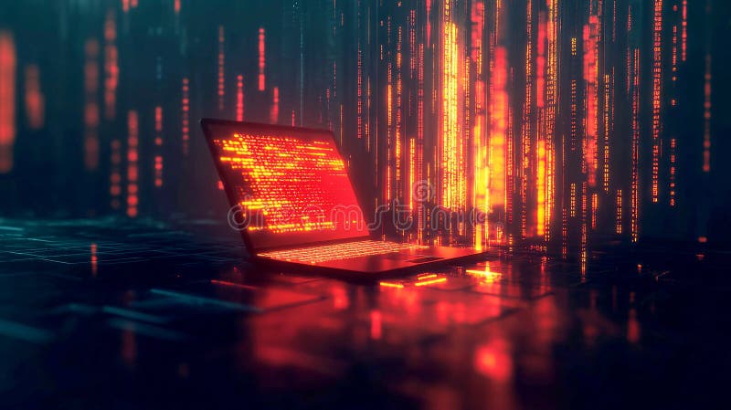 A Red-lit Laptop Screen Displays Binary Code and Abstract Data Streams, Creating a High-tech ...