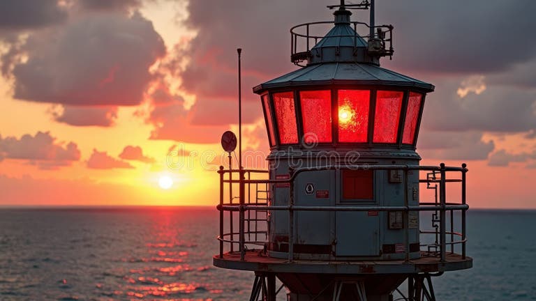 Red-lit Lighthouse Overlooking Ocean at Sunset with Dramatic Sky and ...