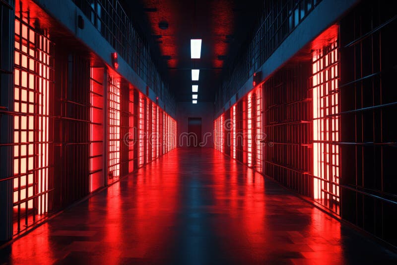 A Red Lit Prison Corridor with Reflective Floors and Overhead Lights ...