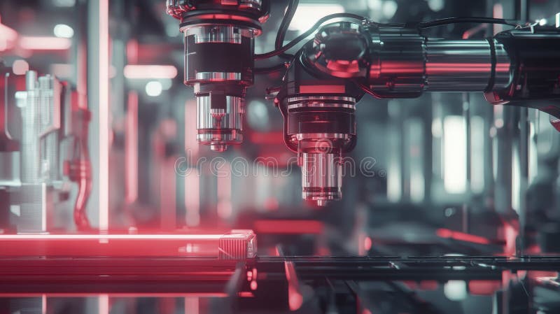 Red-lit Robotic Assembly Line with Precise Machinery Stock Illustration ...