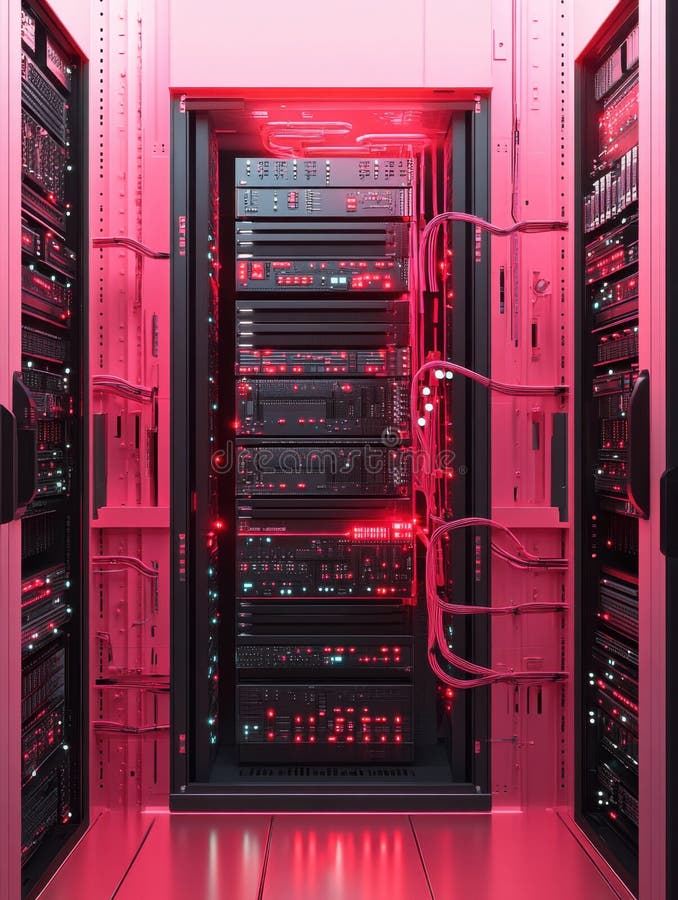 Red-lit Server Room with Network Cables at Technology Data Center Stock ...