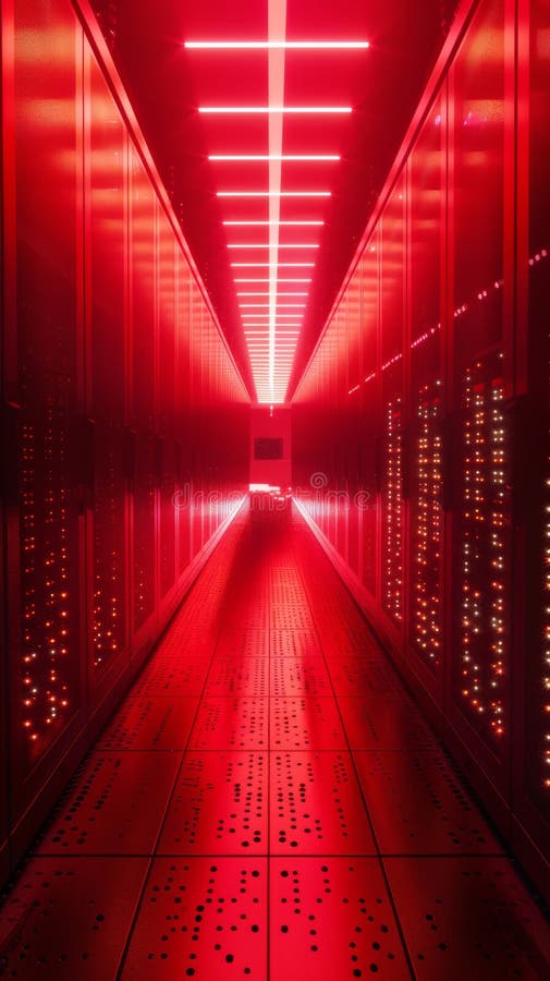 Red-lit Server Room with Rows of Data Cabinets, Futuristic Technology ...