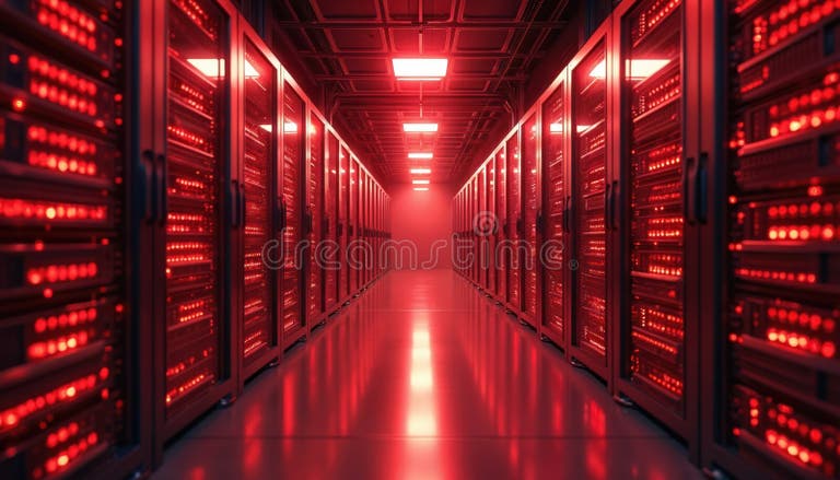 Red Lit Server Room Rows of Servers Glowing Lights Metallic Panels ...