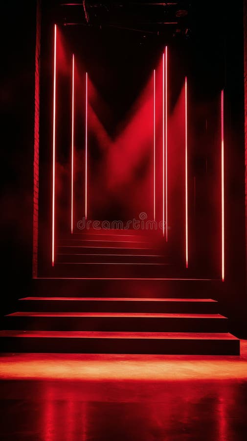 Red Lit Staircase Creates Dramatic Atmosphere in Performance Venue ...