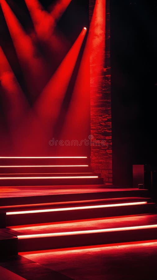 Red Lit Staircase Creates Dramatic Atmosphere in Performance Venue ...