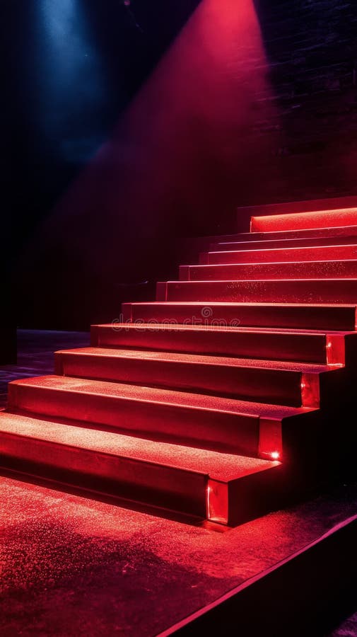 Red Lit Staircase Creates Dramatic Atmosphere in Performance Venue ...