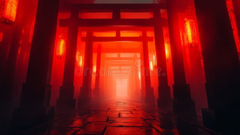 Red Lit Torii Gate Pathway in Fog Stock Illustration - Illustration of ...