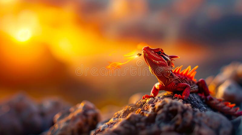 A Red Lizard Sitting on Top of a Rock with a Fire in Its Mouth Stock ...