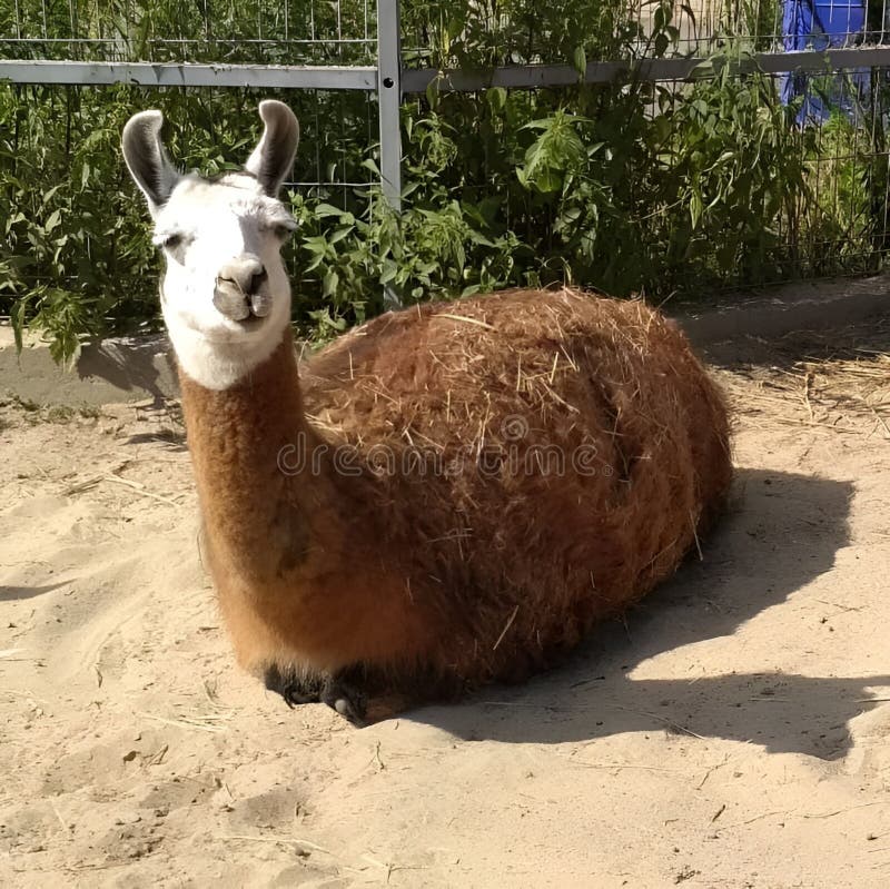 A Red Llama with a White Head Sitting on the Sand, Photographed in ...
