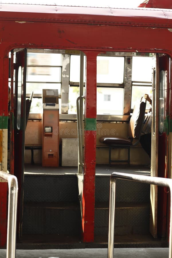 Red Local City Bus in Bangkok Bus Stop Stock Photo - Image of asia ...
