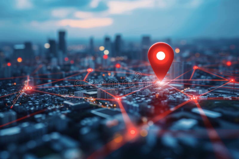 Red Location Marker on Nighttime City Map. Stock Image - Image of ...