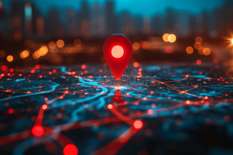 Red Location Marker on Nighttime City Map. Stock Image - Image of ...