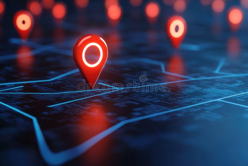Red Location Markers on Dark Digital Grid Representing Data Security ...