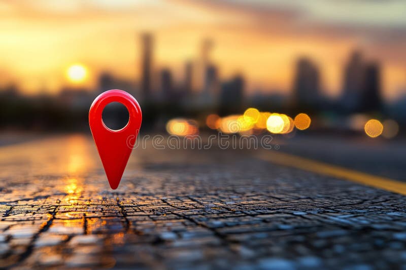 Red Location Pin with a Blurred Urban Cityscape in the Background Stock ...