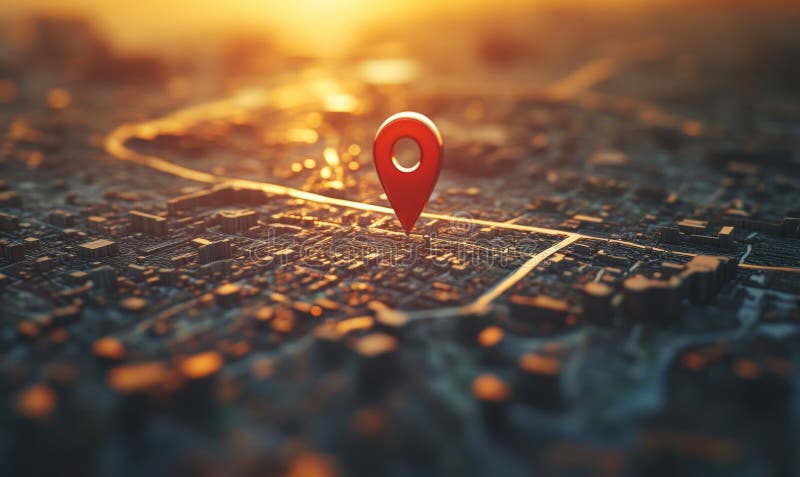 Red Location Pin on Detailed City Map in Warm Sunset Light Stock ...