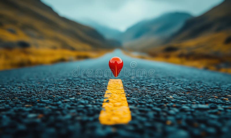Red Location Pin on Empty Road Surrounded by Mountains and Cloudy Sky ...