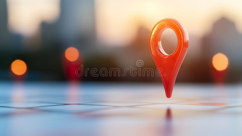 Red Location Pin on Grid Surface with Cityscape Background at Sunset ...