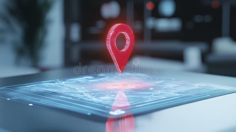 Red Location Pin Hovering Over Futuristic Interactive Map Display Stock ...